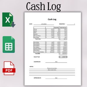 Printable Cash Log | Cash Register | Cash Depsoit Log | Cash Drawer ...