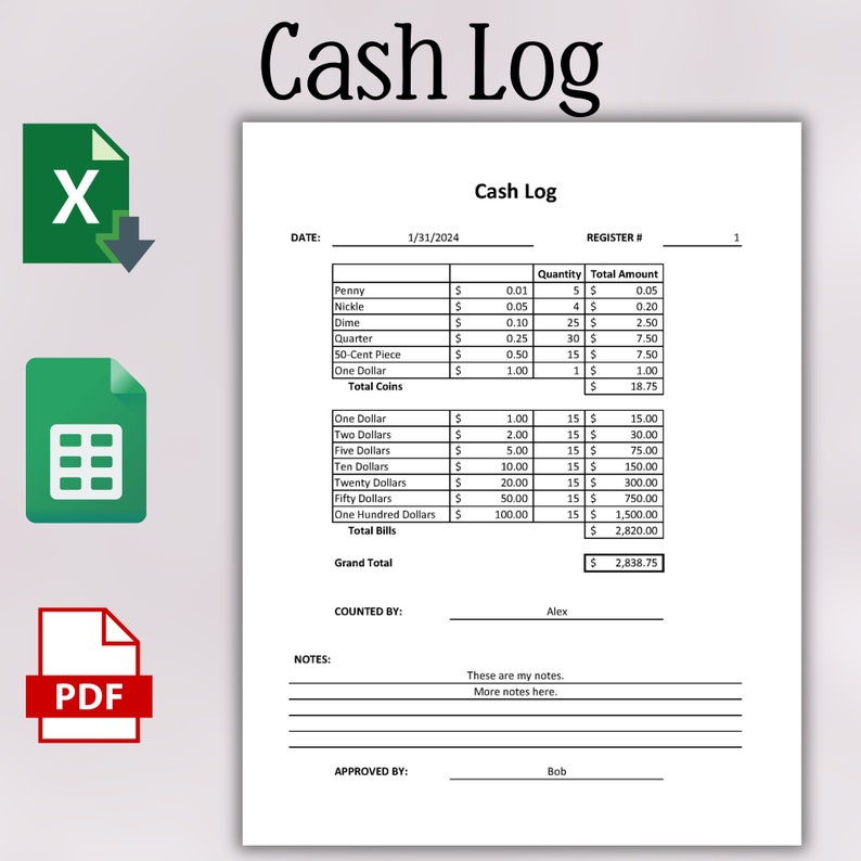Printable Cash Register Log | Closing Cash Log | Petty Cash Tracker ...