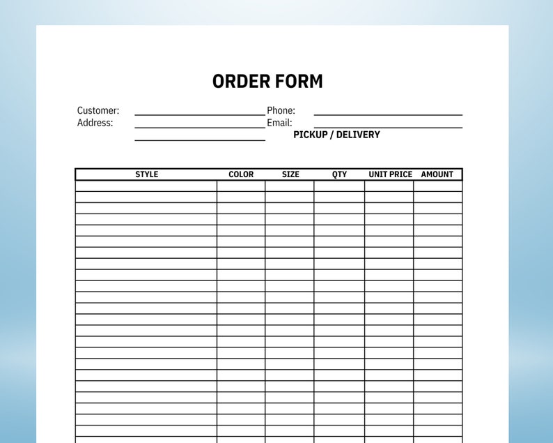 Order Form Template Printable Order Form Purchase Order Form - Etsy