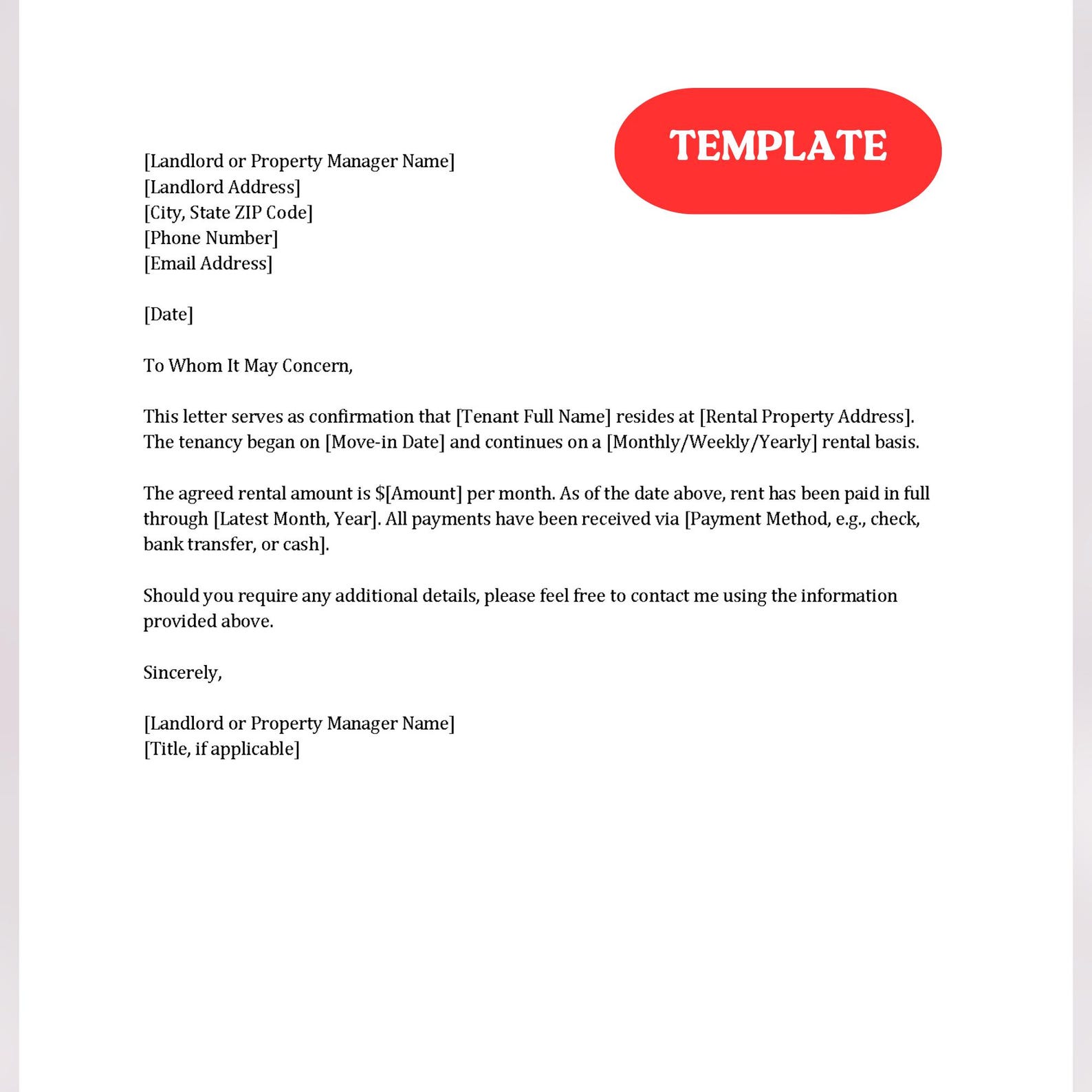 Proof of Rent Payment Letter Template | Editable Landlord Rent ...