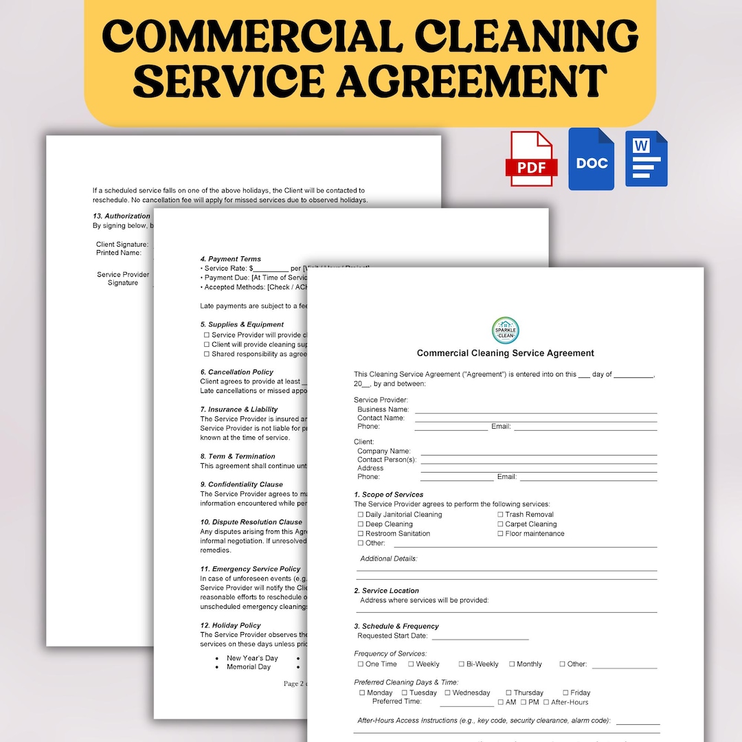 Editable Commercial Cleaning Service Agreement | Cleaning Contract ...