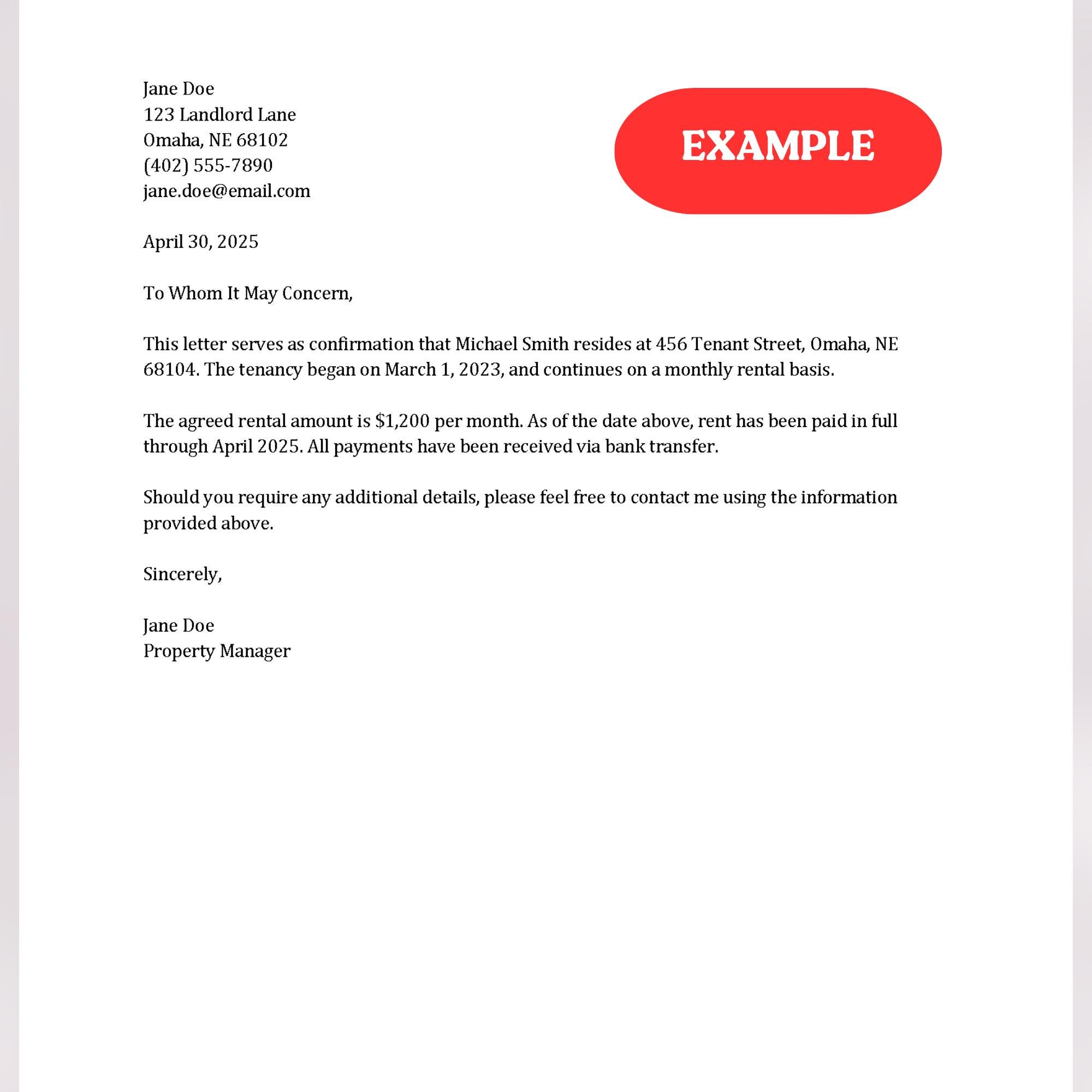 Proof of Rent Payment Letter Template | Editable Landlord Rent ...