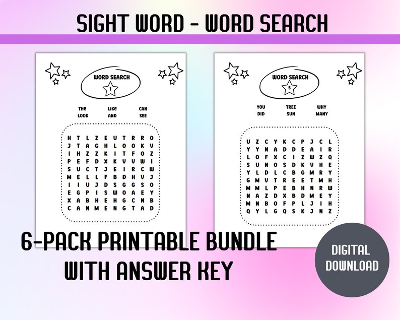 Six Sight Words Printable Kid Word Search Sight Word Game Kindergarten ...