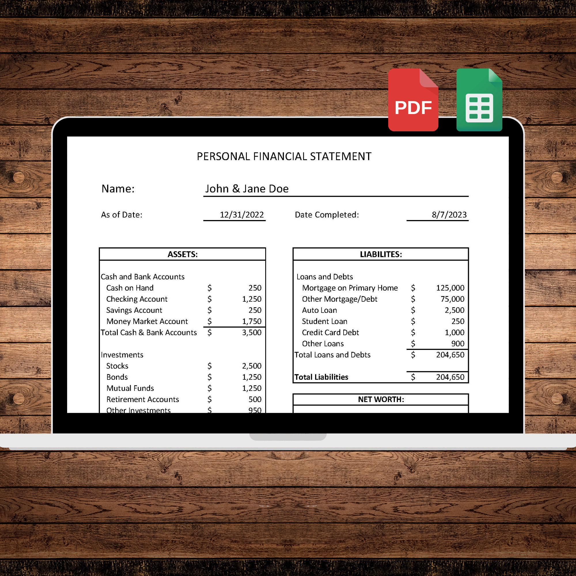 Editable Personal Balance Sheet Google Sheets Template | Printable ...