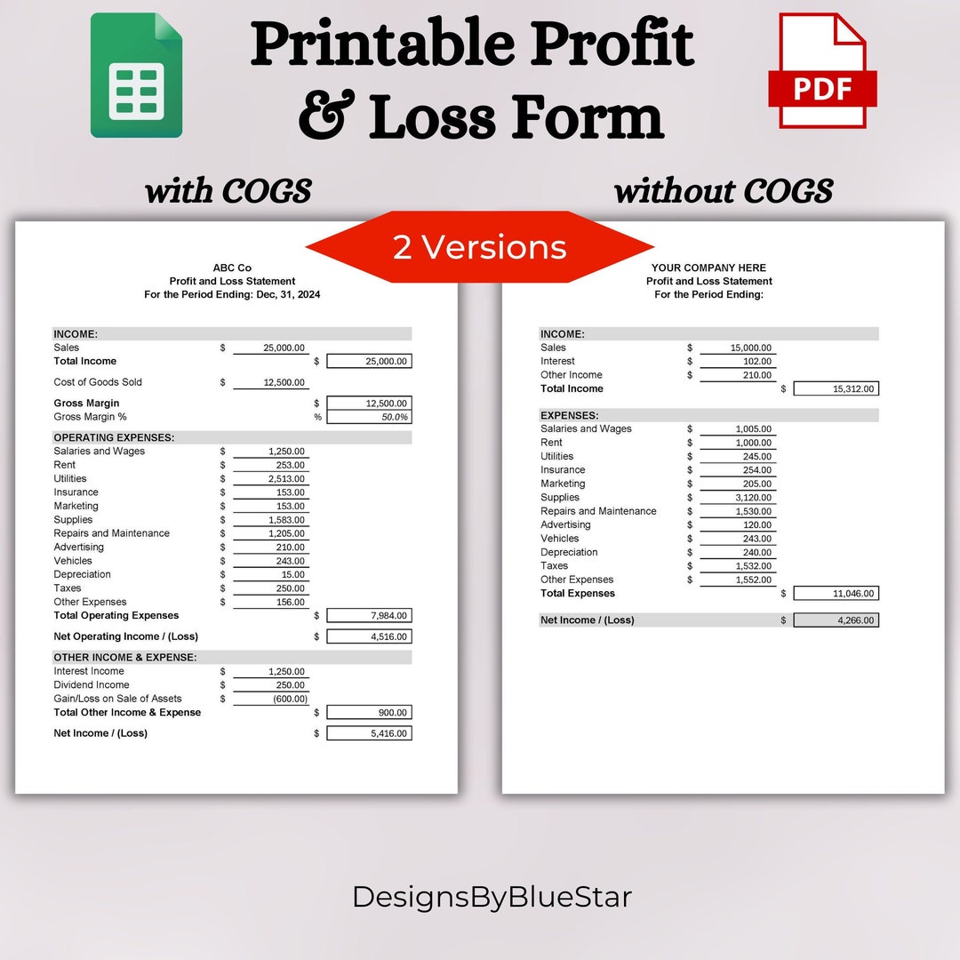 Printable Profit and Loss Form | Profit and Loss Statement Template | P ...