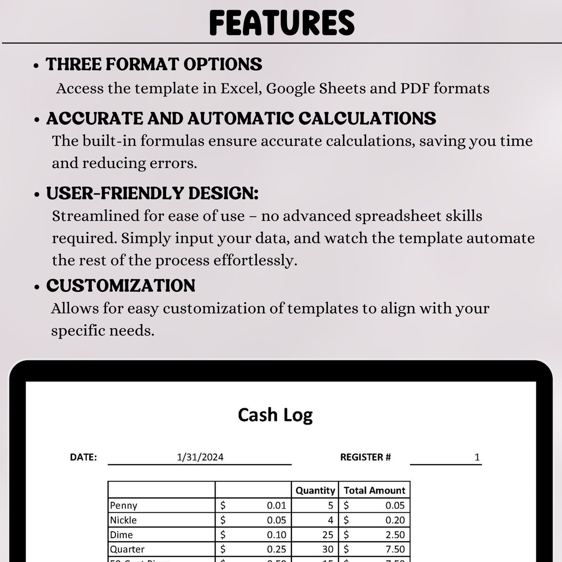 Printable Cash Register Log | Closing Cash Log | Petty Cash Tracker ...