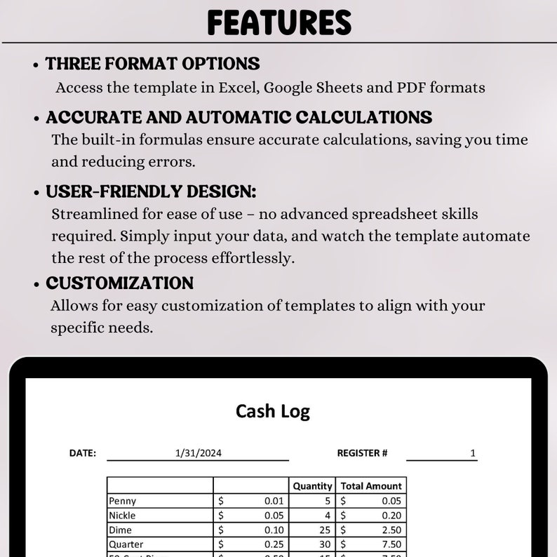 Printable Cash Register Log | Closing Cash Log | Petty Cash Tracker ...