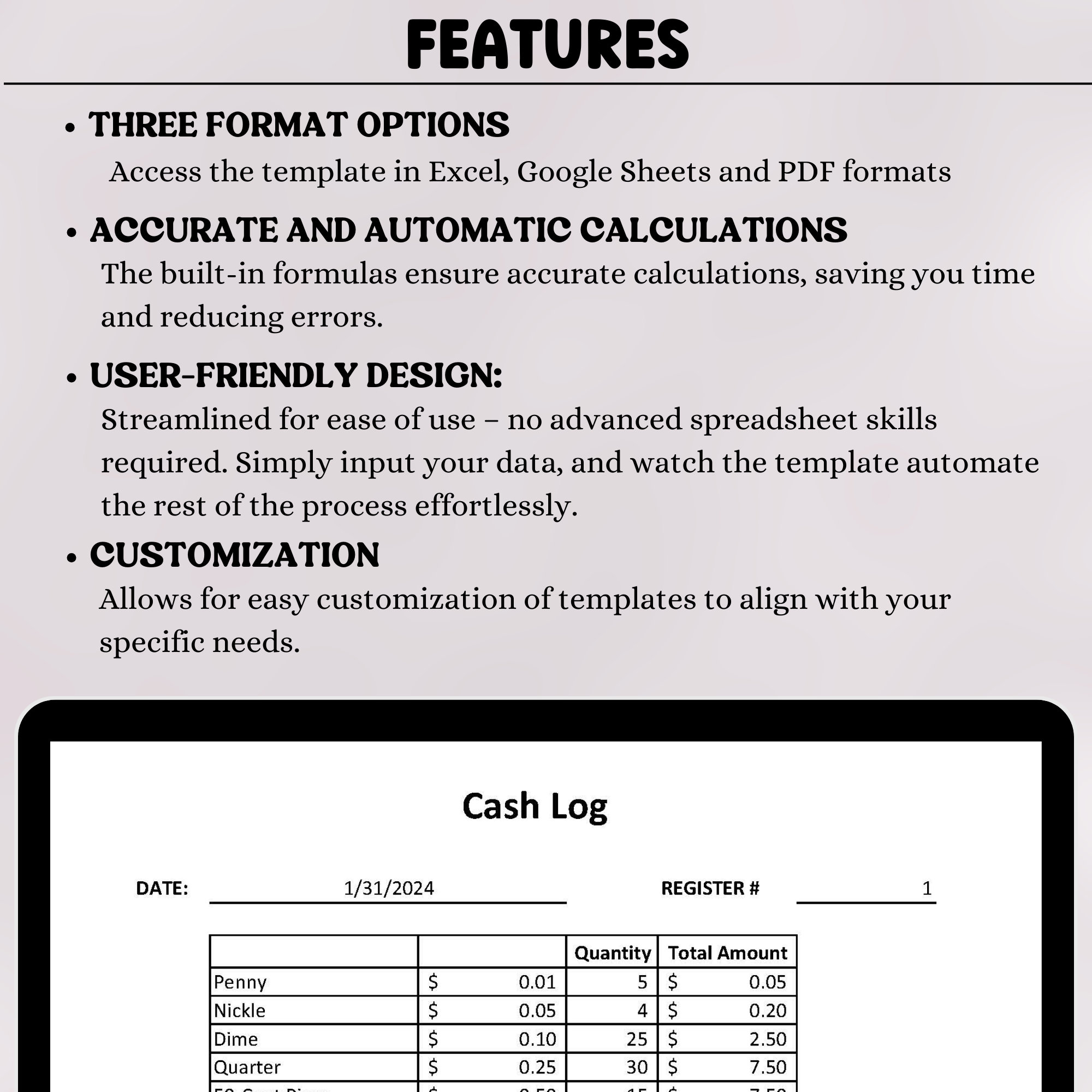 Printable Cash Log | Cash Register | Cash Depsoit Log | Cash Drawer ...