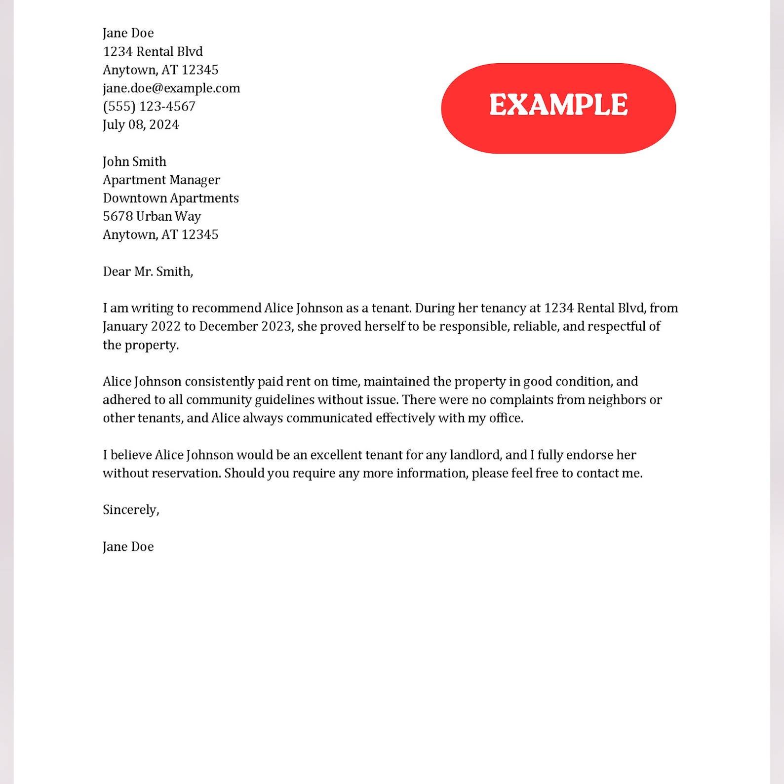 Landlord Reference Letter | Landlord Letter or Recommendation Template ...