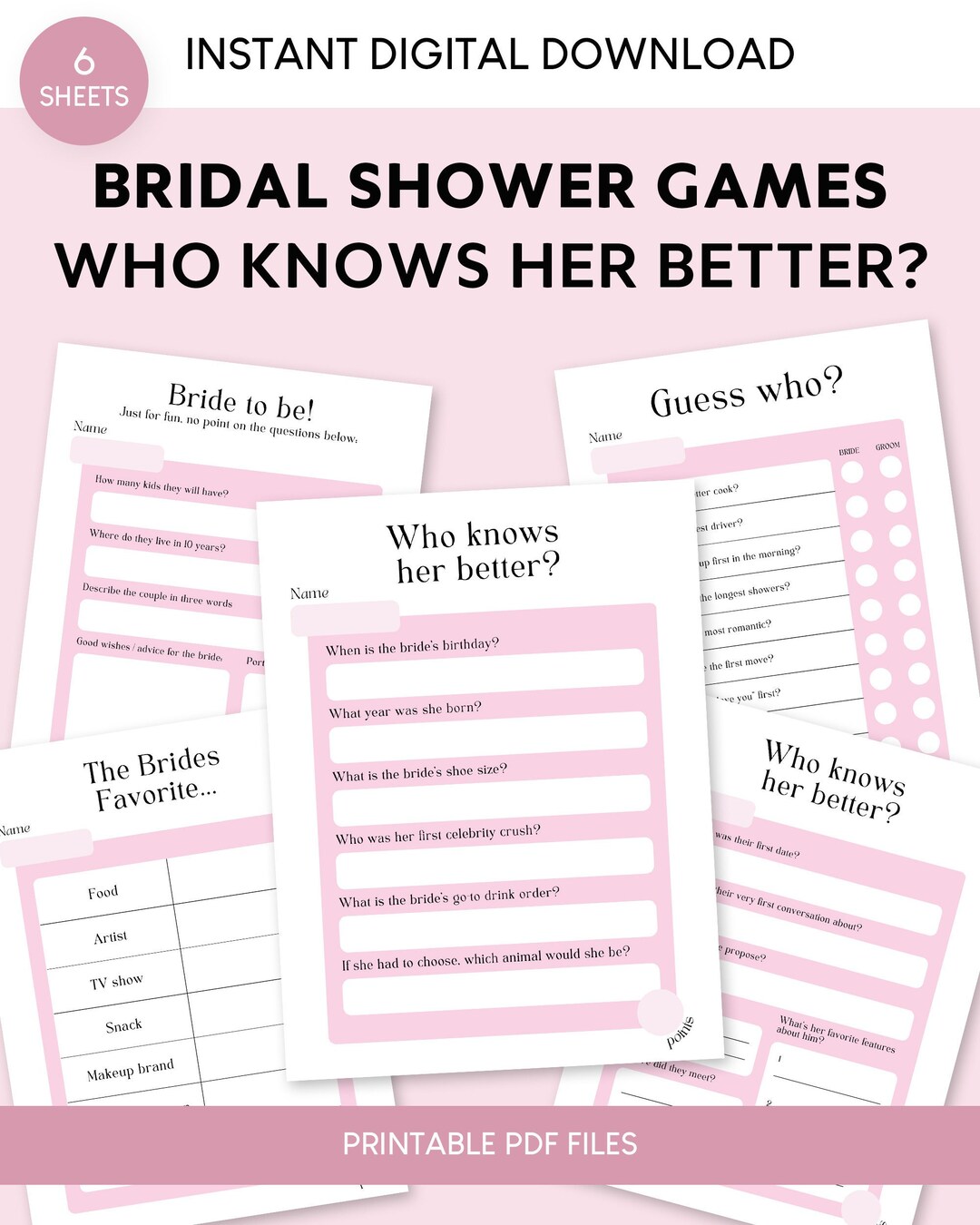 Pink and White Bridal Shower Games, Who Knows Her Best, Modern Bridal ...