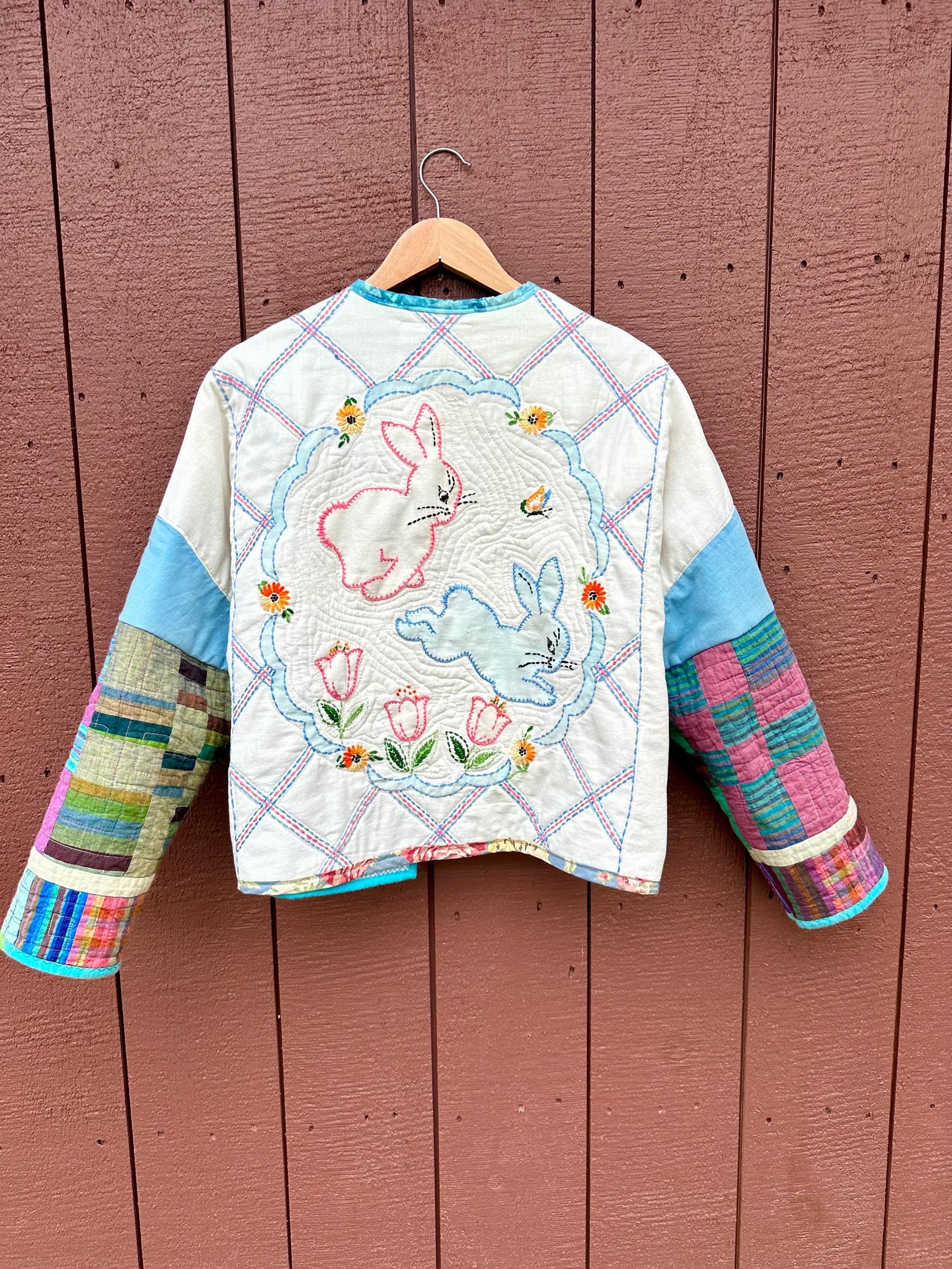 Upcycled Quilt Jacket, Vintage Bunny Applique, Embroidered Flowers ...