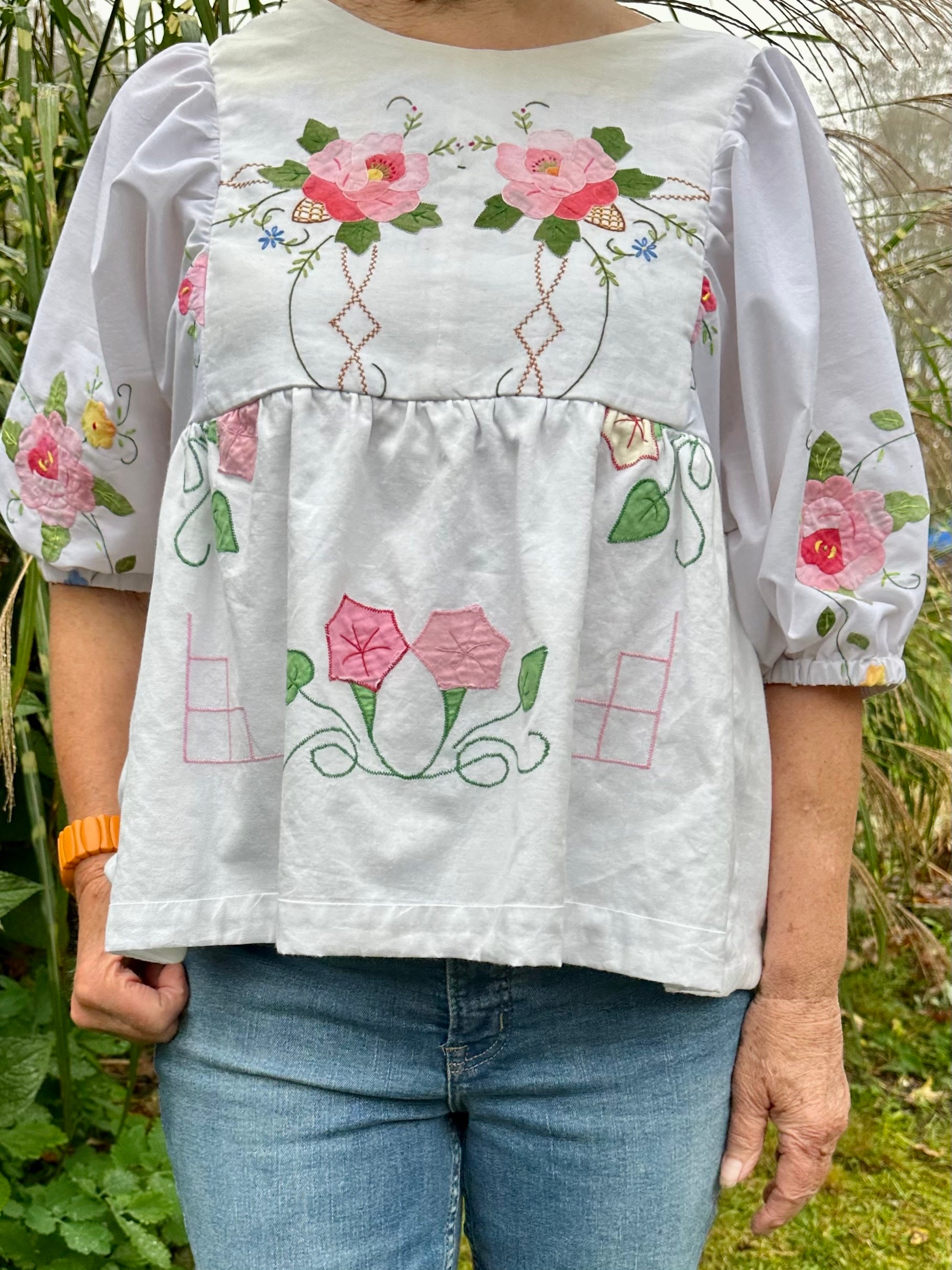 Handmade Woman's Top pink Roses Upcycled Vintage Materials, Fits up to ...