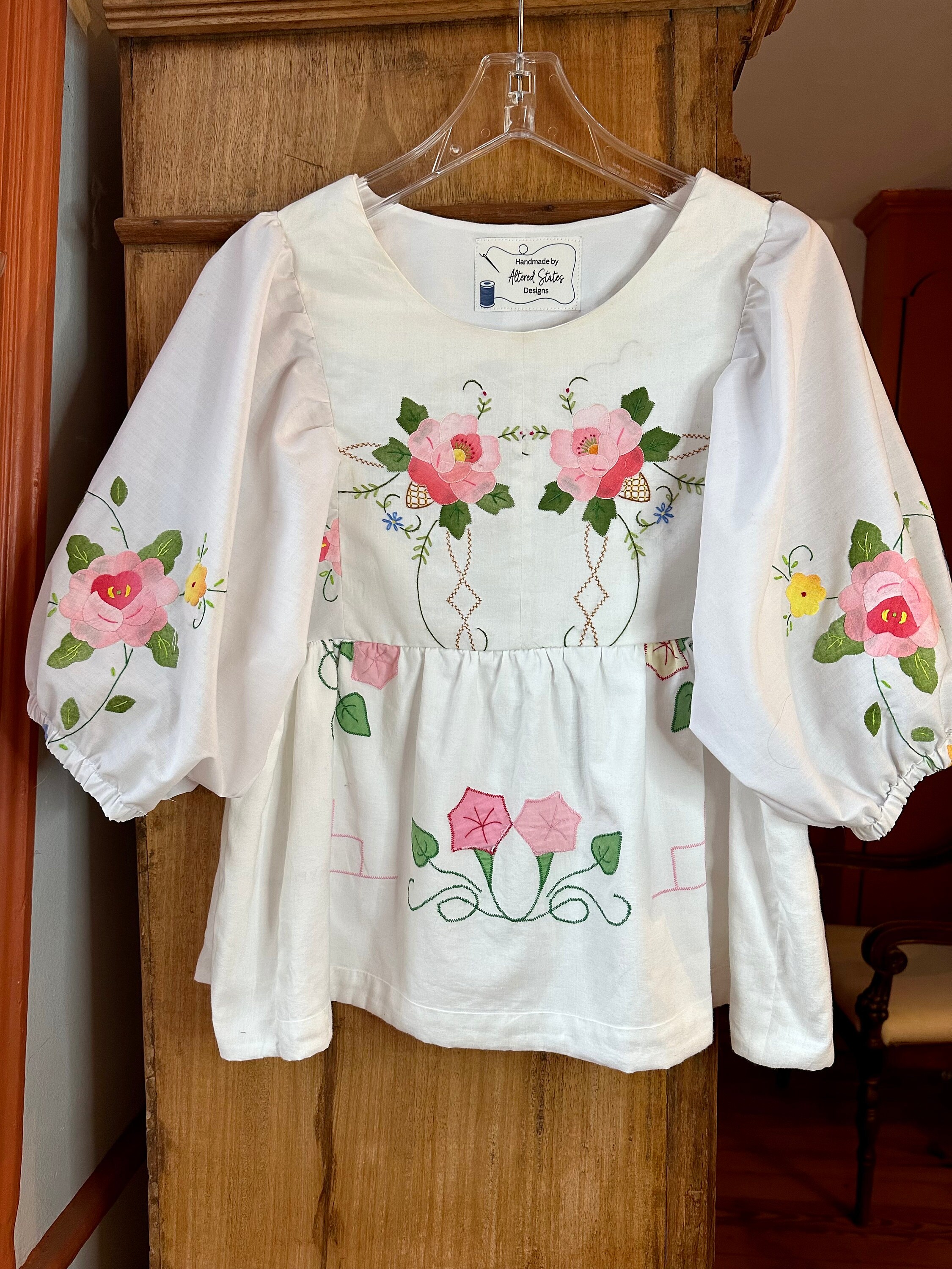 Handmade Woman's Top pink Roses Upcycled Vintage Materials, Fits up to ...