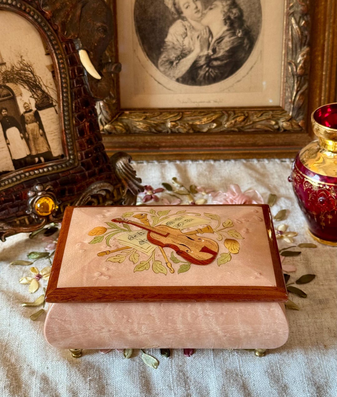 Late 1800s-early 1900s Rose Enameled Wood, Working Symphonion Music Box ...