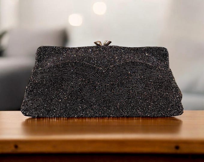Mid-century Black Beaded Walborg Clutch, Pink Satin Lining, Handmade in ...