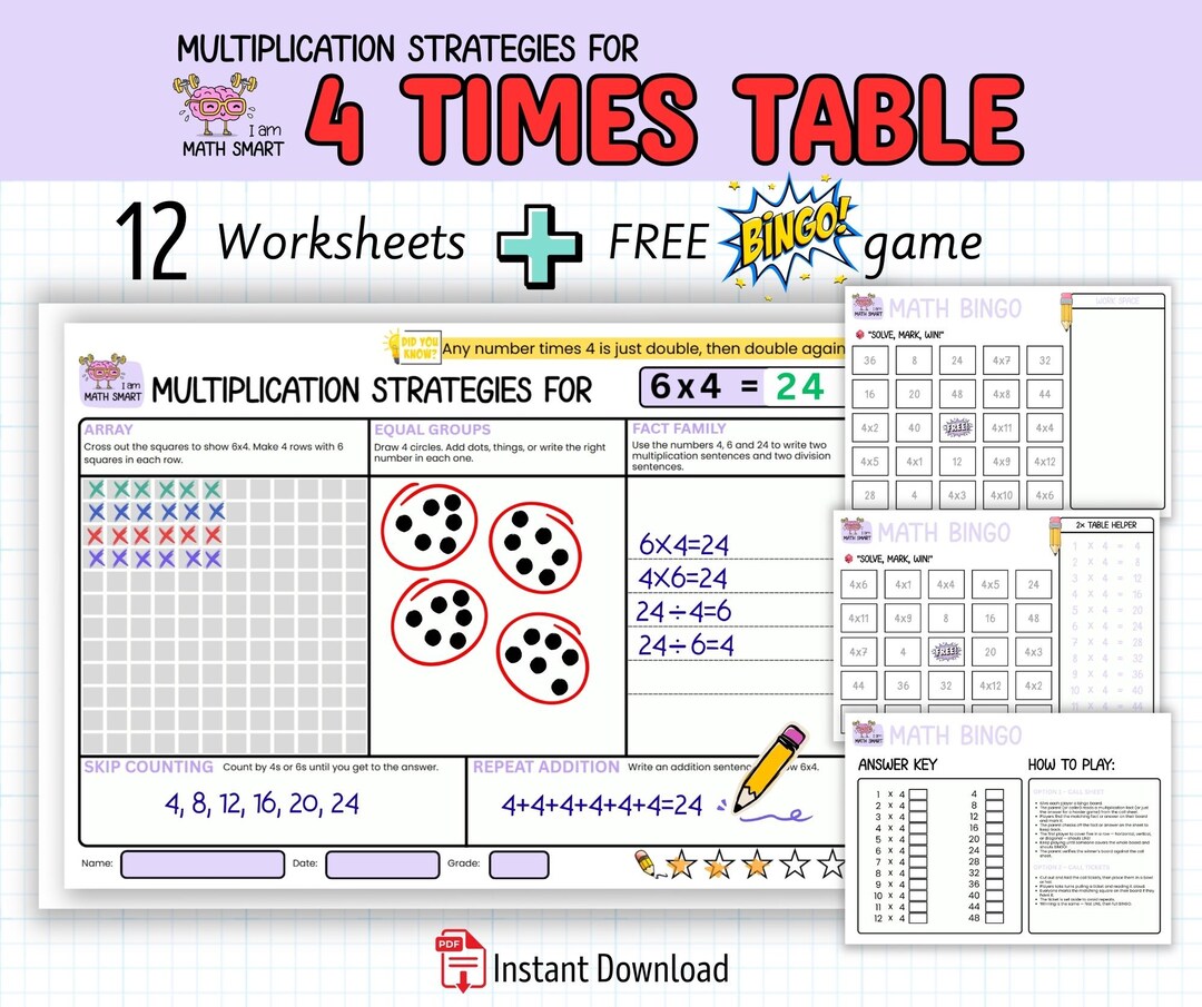 4 Times Table Worksheets & Bingo Game: Printable Multiplication ...