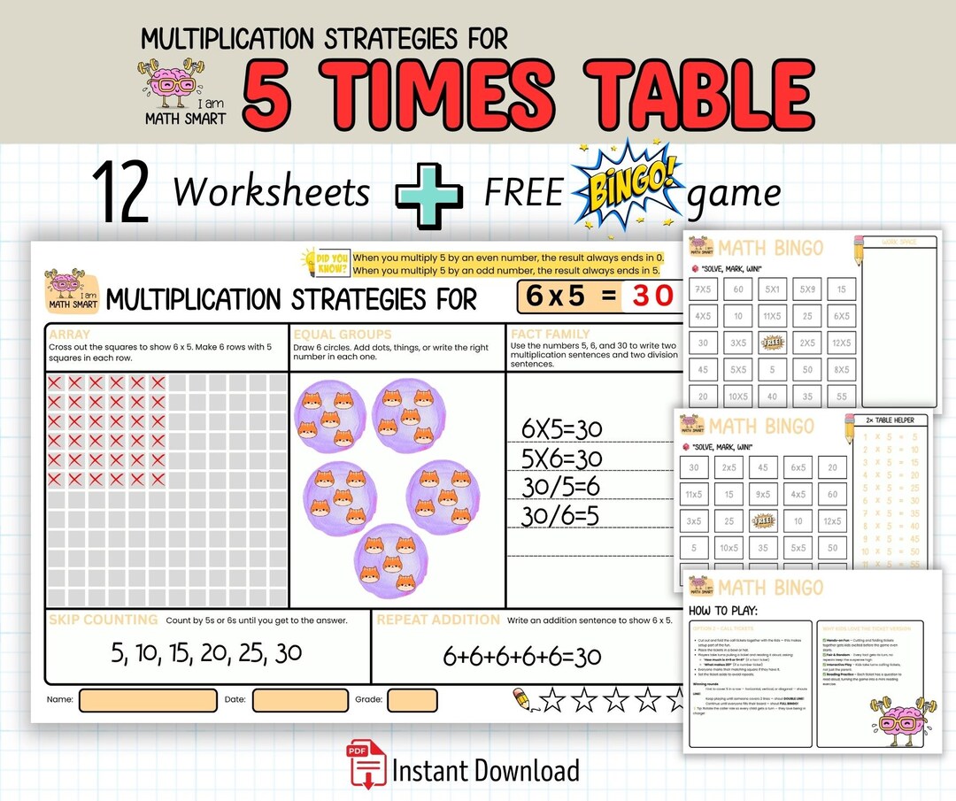 5 Times Table Worksheets & Bingo Game - Printable Multiplication ...