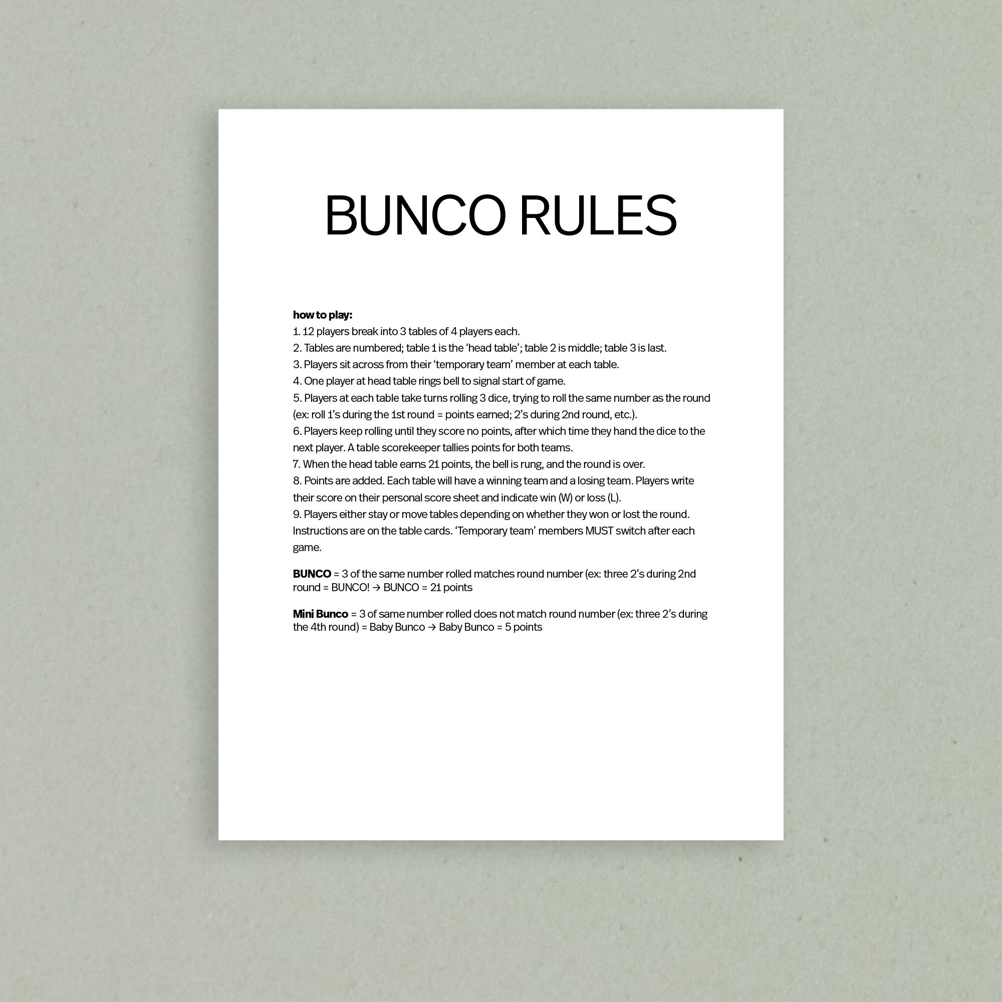 Printable Bunco Score Card & Rules Digital Download for Fun Game Nights ...