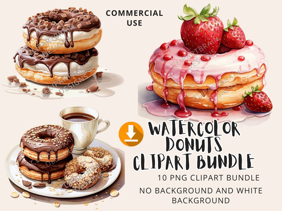 Watercolor Donut Clipart Bundle Commercial Use, 300 DPI, American ...