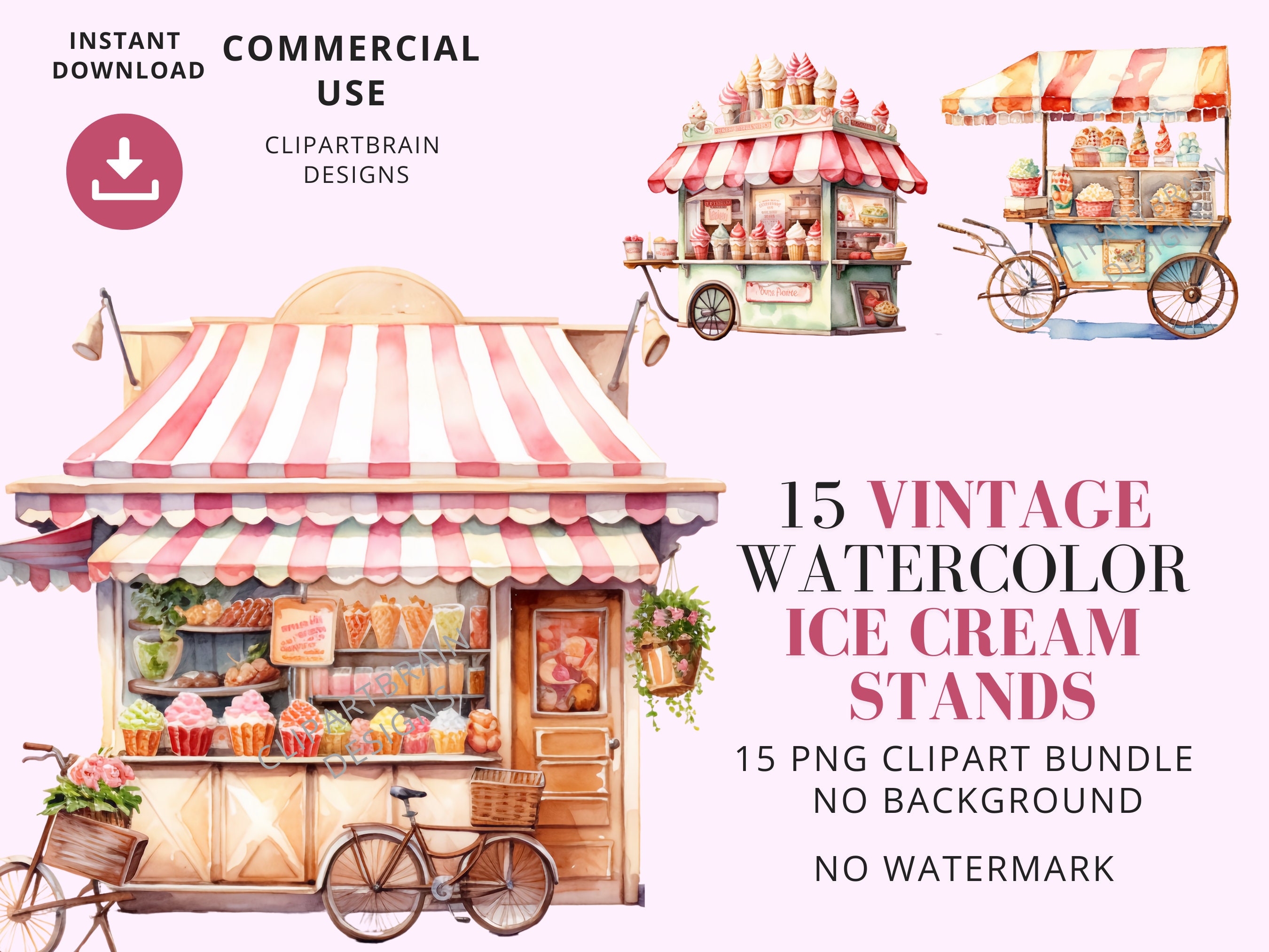 Watercolor Vintage Ice Cream Stands Ice Cream Cart Clipart Illustration ...