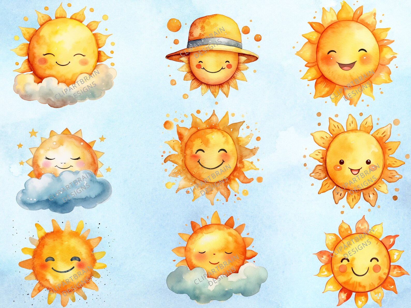 Sun Watercolor PNG Bundle Watercolor Sun Clipart Transparent - Etsy