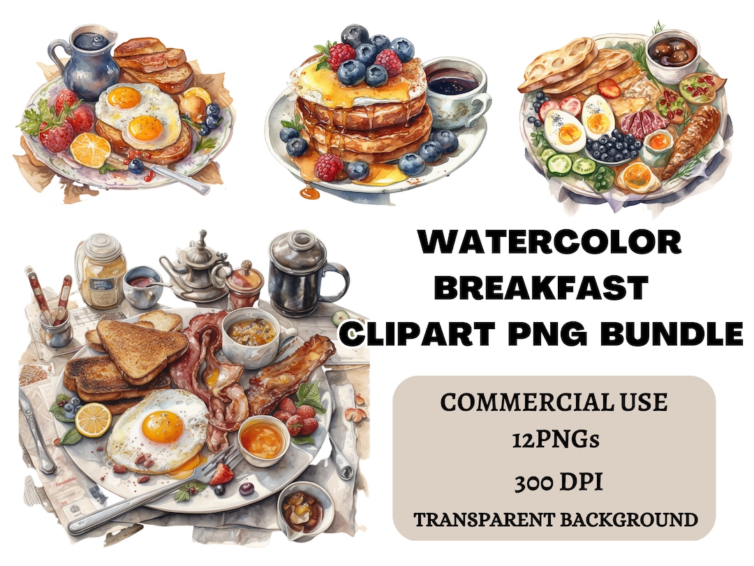 Watercolor Breakfast Clipart PNG Bundle Pancakes, Fried Eggs, Bacon ...