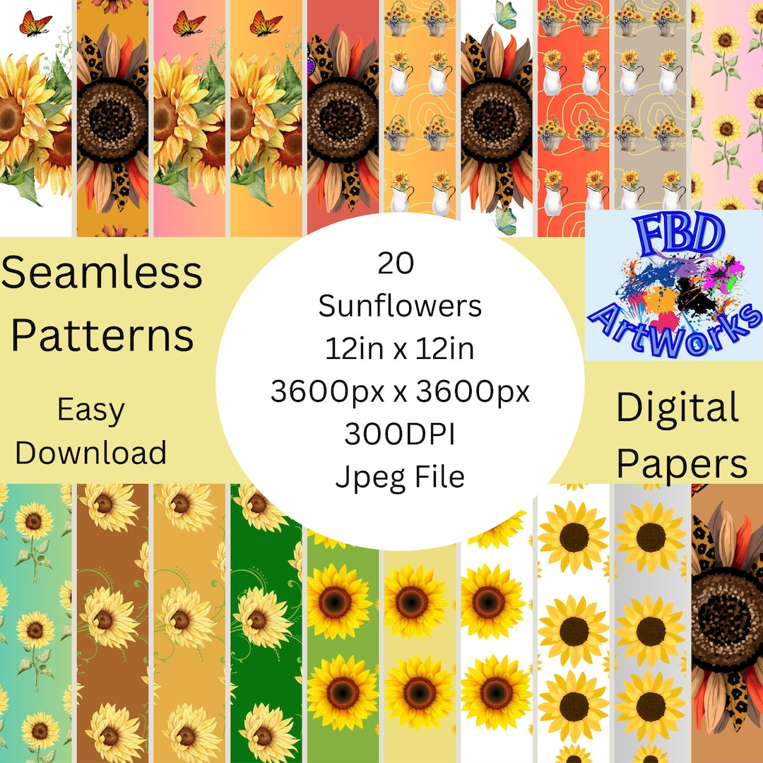 Sunflowers Digital Papers- SEAMLESS - 20 Designs - 12inx12in ...