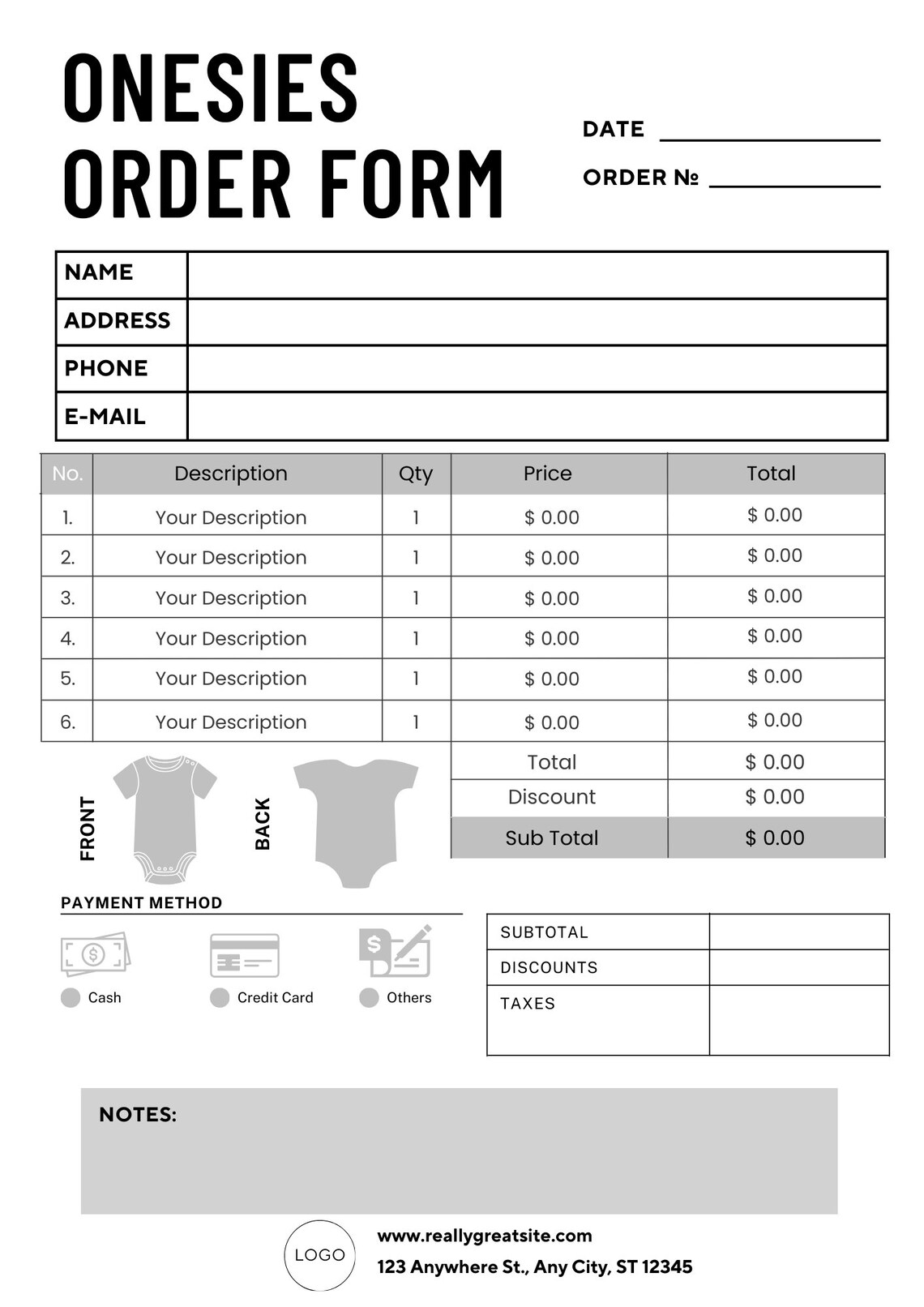 Editable Onesies Order Form Template, Small Business Forms, Custom ...