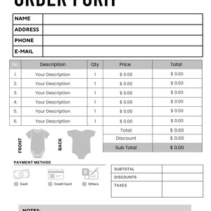 Editable Onesies Order Form Template, Small Business Forms, Custom ...