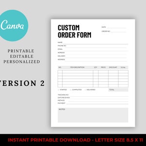 Editable Invoice Template, Custom Order Form Printable, Invoice Form ...