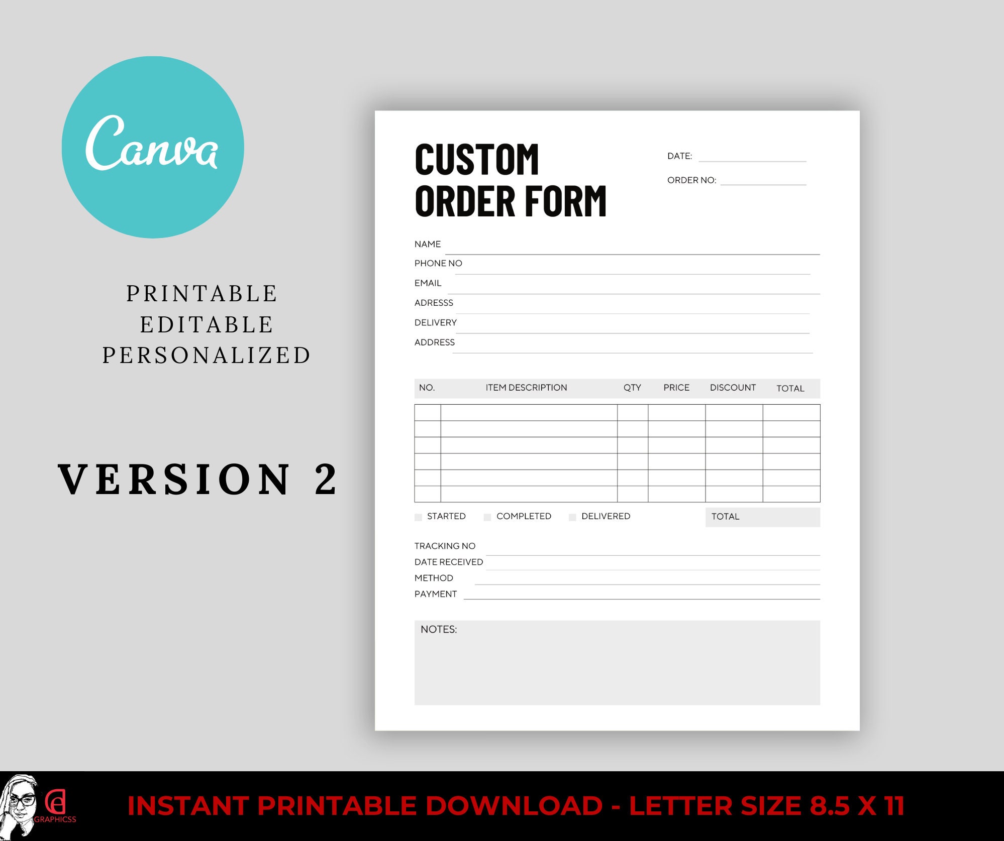 Editable Invoice Template, Custom Order Form Printable, Invoice Form ...
