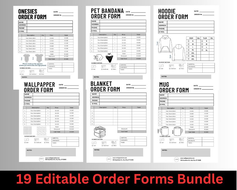 19 Fillable Order Forms Bundle, Tshirt, Mug, Editable Invoice Template ...