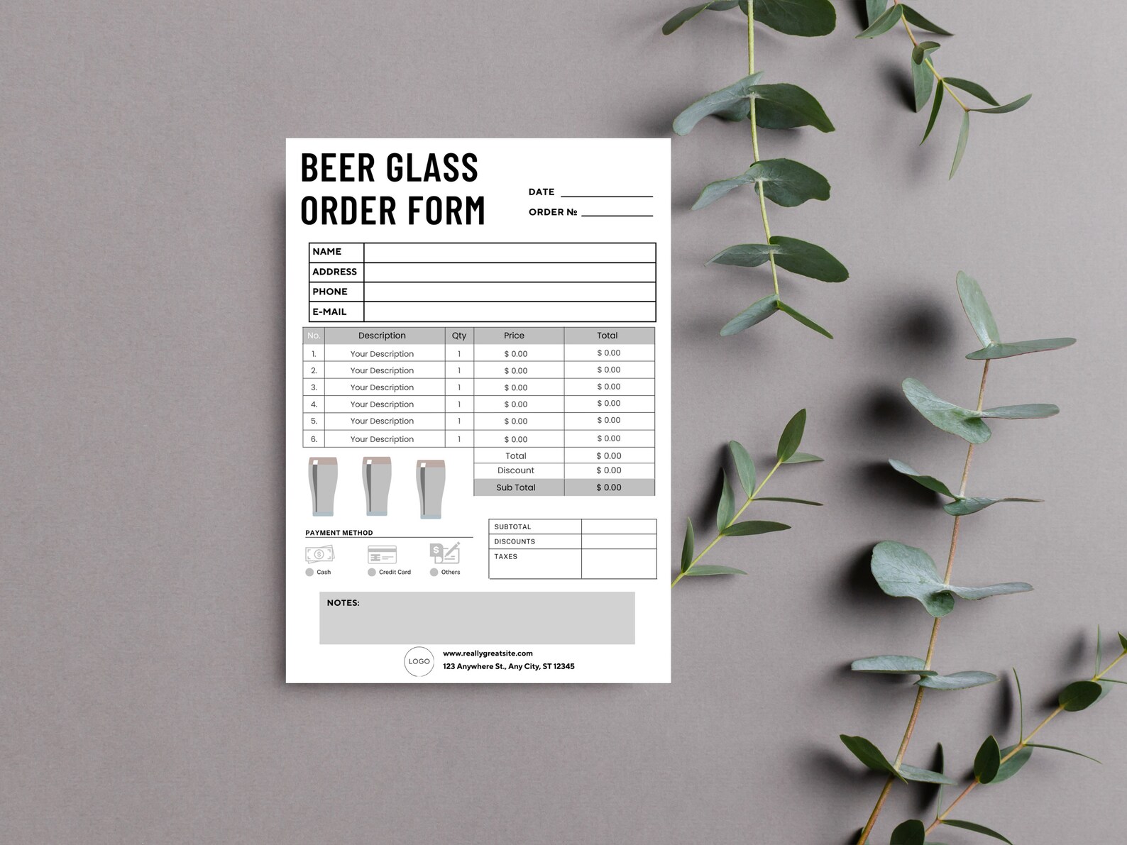 Editable Beer Glass Order Form, Custom Glass Cup Order Form, Printable ...