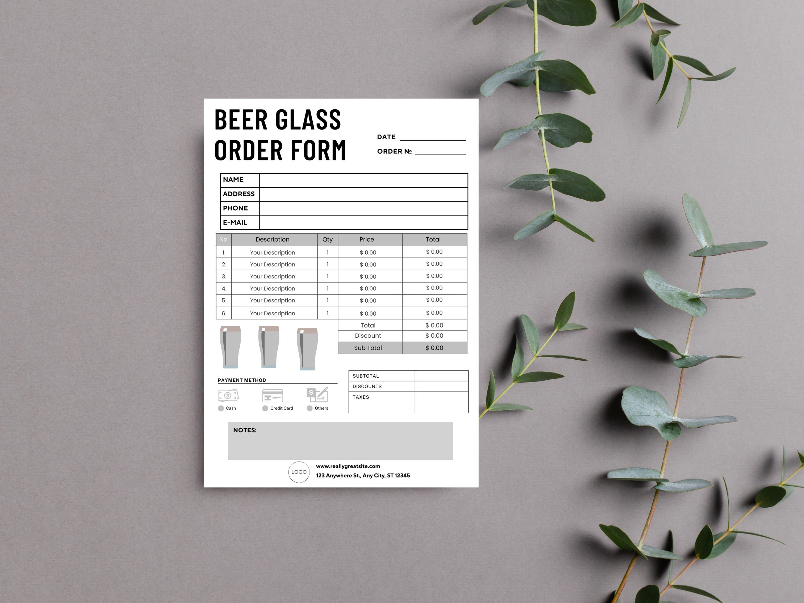 Editable Beer Glass Order Form, Custom Glass Cup Order Form, Printable ...