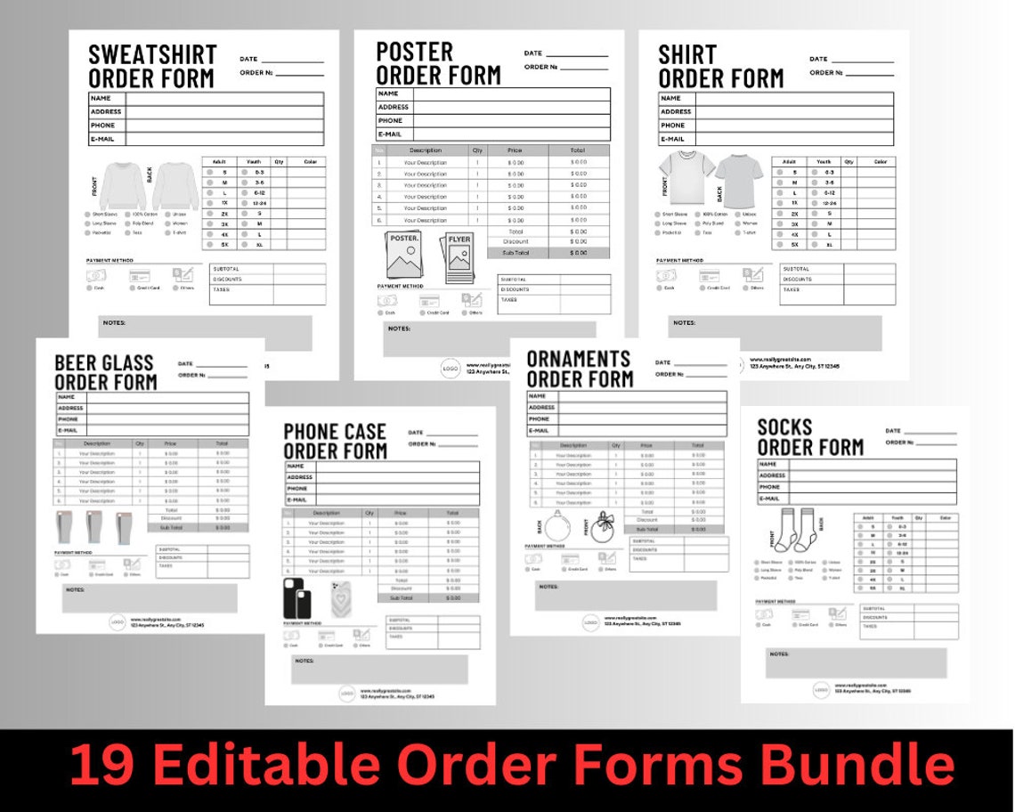 19 Fillable Order Forms Bundle, Tshirt, Mug, Editable Invoice Template ...