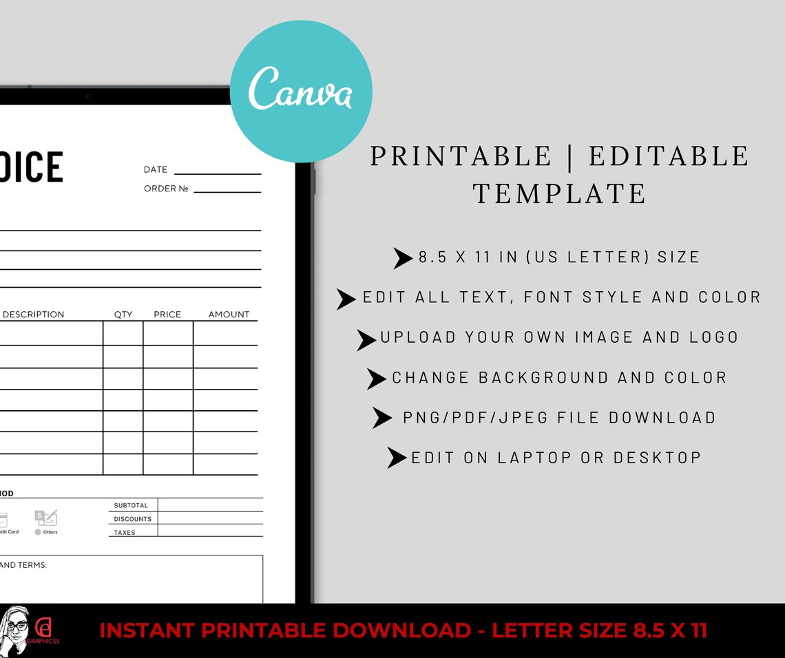 Editable Invoice Template, Custom Order Form Printable, Invoice Form ...