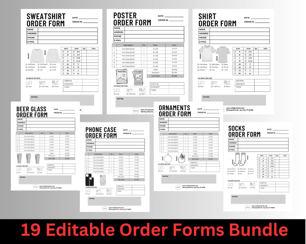19 Fillable Order Forms Bundle, Tshirt, Mug, Editable Invoice Template ...