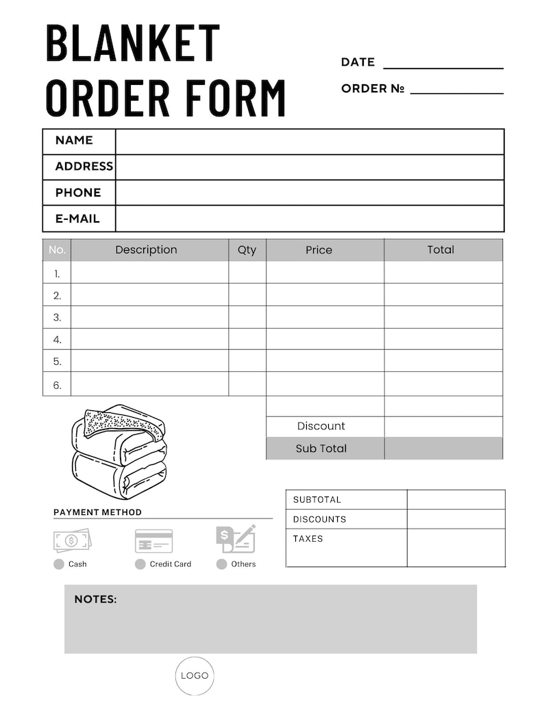 Order Form for Blanket, Editable Blanket Order Form, Custom Order Form ...