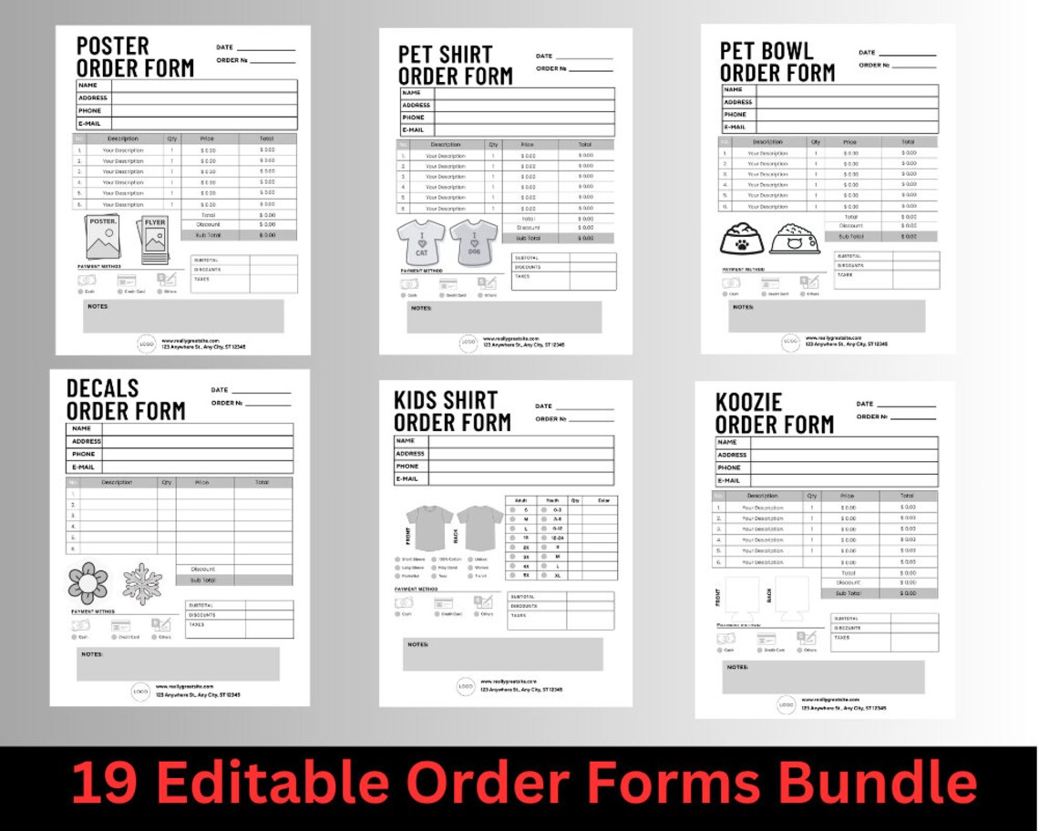 19 Fillable Order Forms Bundle, Tshirt, Mug, Editable Invoice Template ...