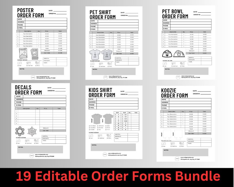 19 Fillable Order Forms Bundle, Tshirt, Mug, Editable Invoice Template ...