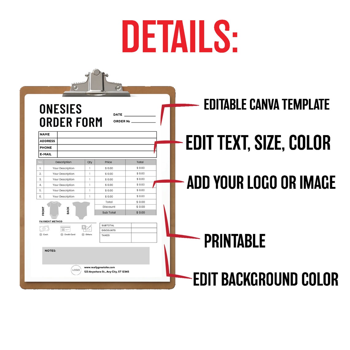 Editable Onesies Order Form Template, Small Business Forms, Custom ...