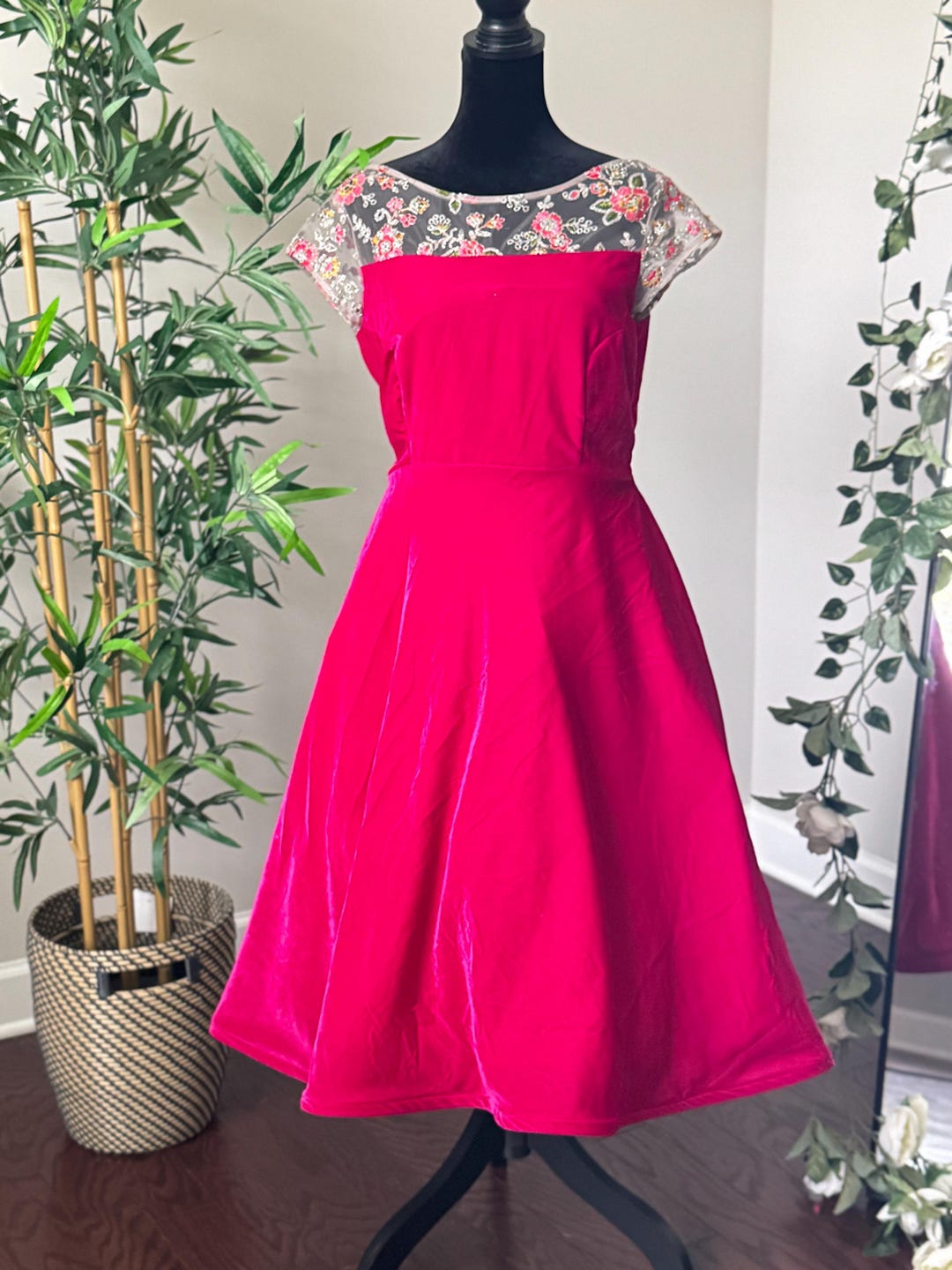 Hot Pink Party Dress With Embroidered Net Yoke | Elegant Fit and Flare ...