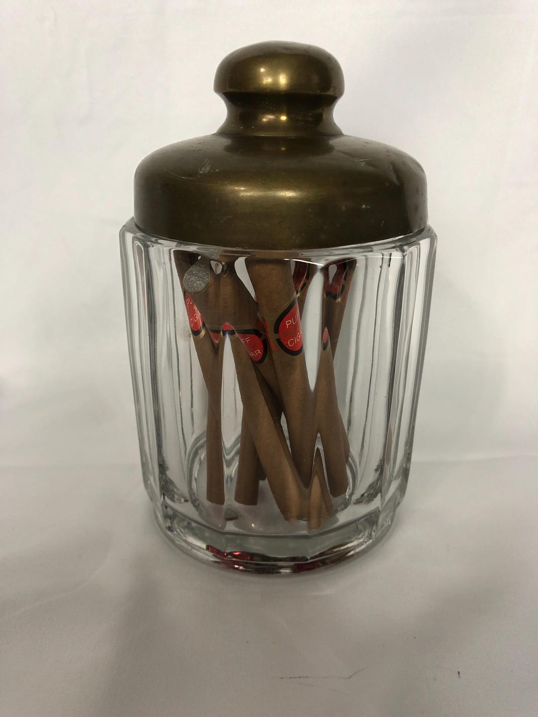 Vintage 12 Panel Glass Tobacco Cigar Humidor W/ Brass Lid, Jar is 5 ...