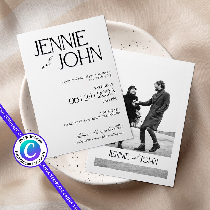 Printable Wedding Invitation Black and White Editable Canva Template ...