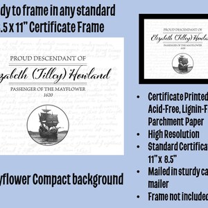 Proud Descendant of Elizabeth (tilley) Howland Certificate on Thick 8 ...