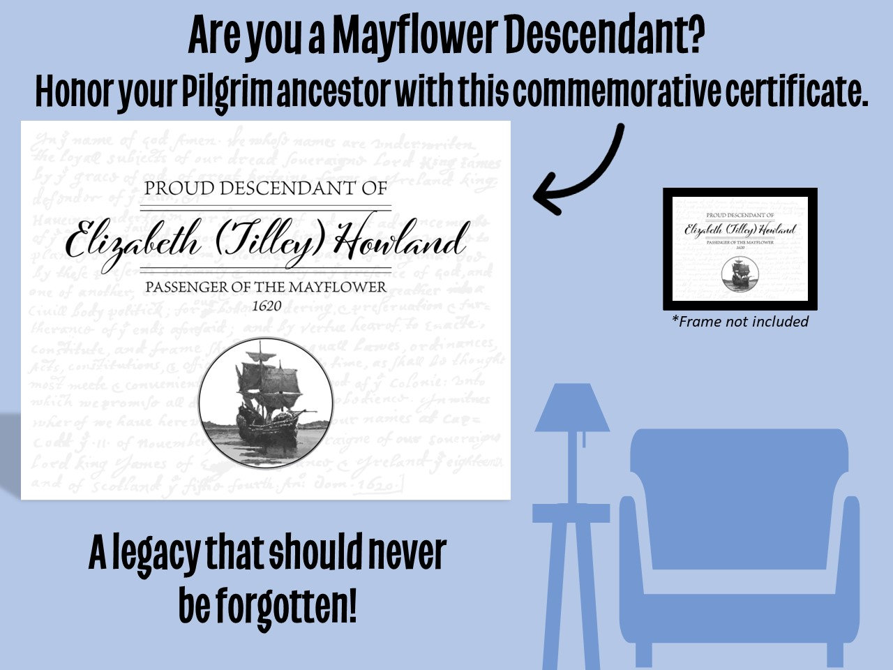 Proud Descendant of Elizabeth (tilley) Howland Certificate on Thick 8 ...