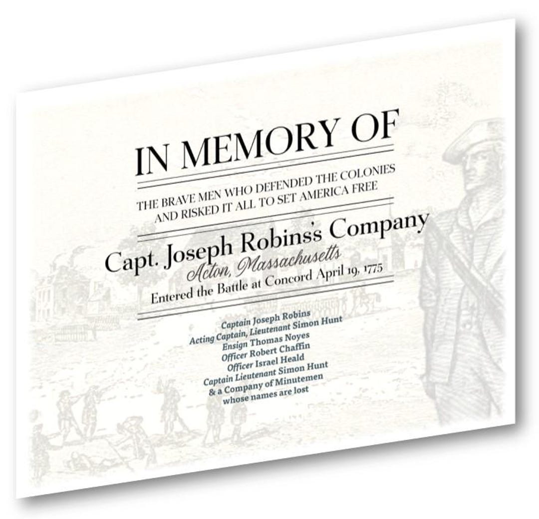 In Memory of Capt Joseph Robins Company of Acton, Massachusetts Militia ...