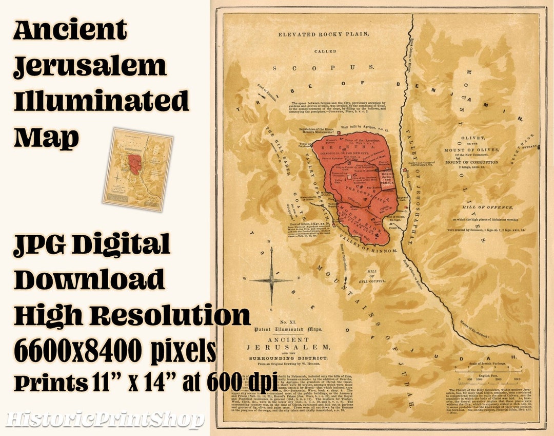 Ancient Jerusalem Illuminated Map Temple Mount Israel Holy Land JPG ...