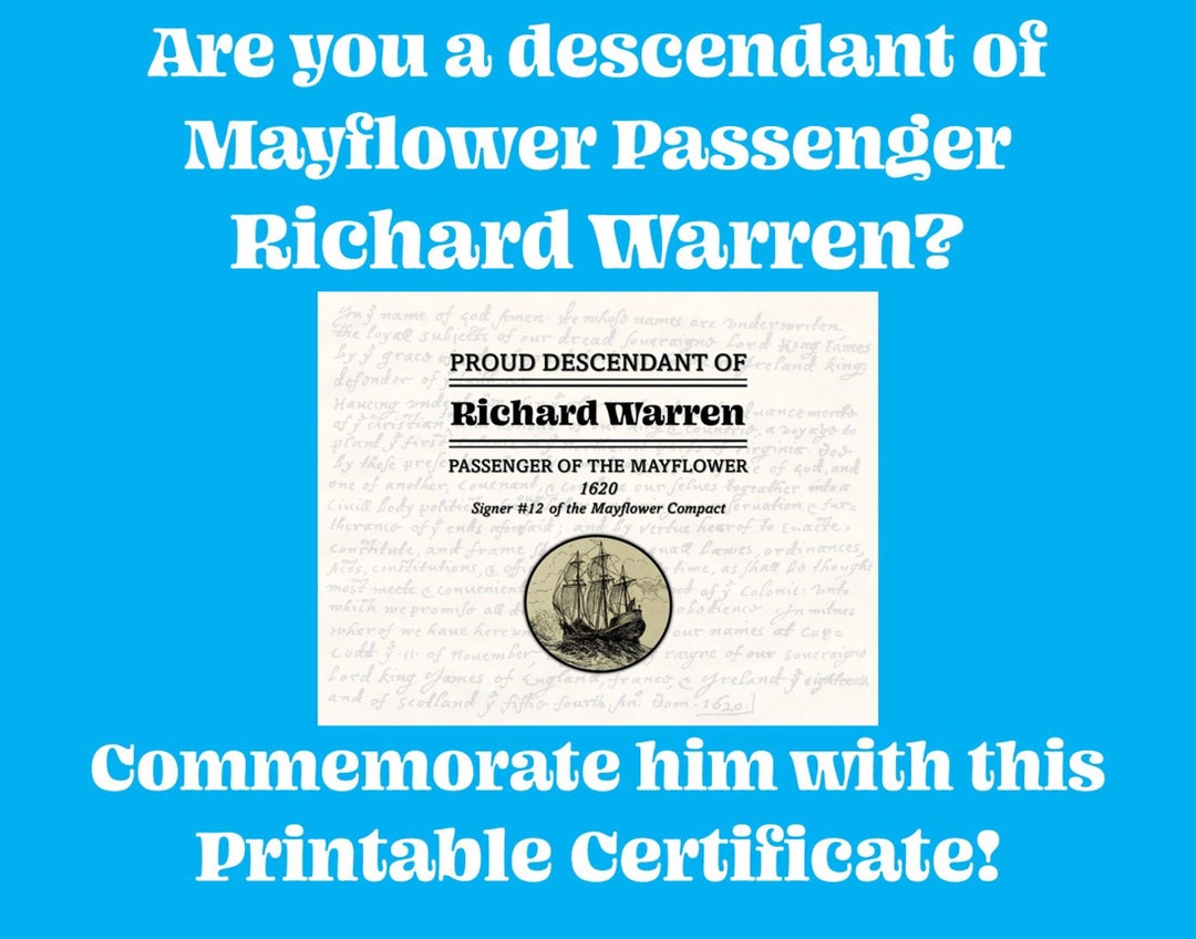Richard Warren Family Mayflower Certificate Pilgrims Families Genealogy ...