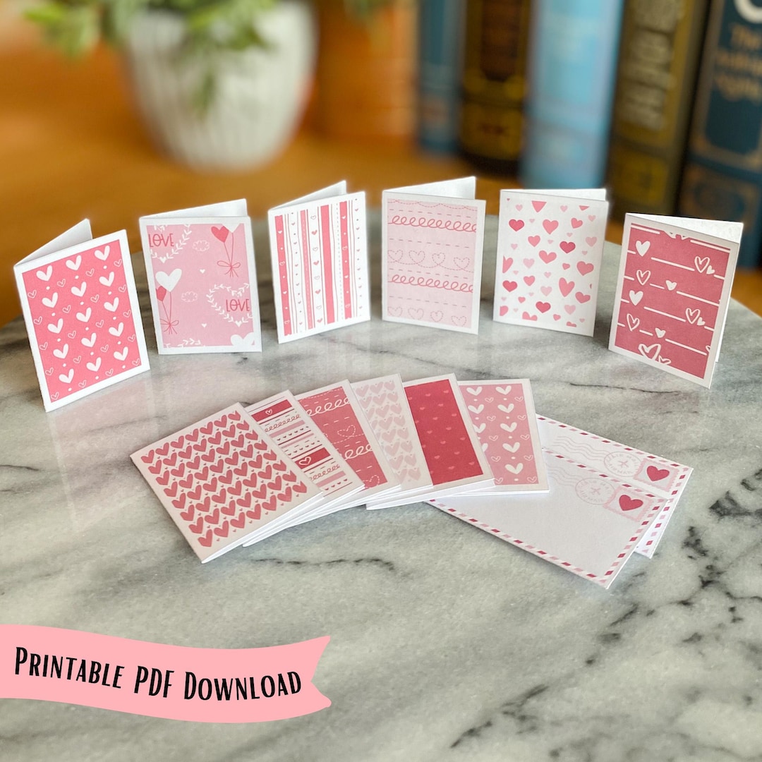 12 Assorted Pink Heart Patterned Mini Valentine Cards, Love Notes, Note ...